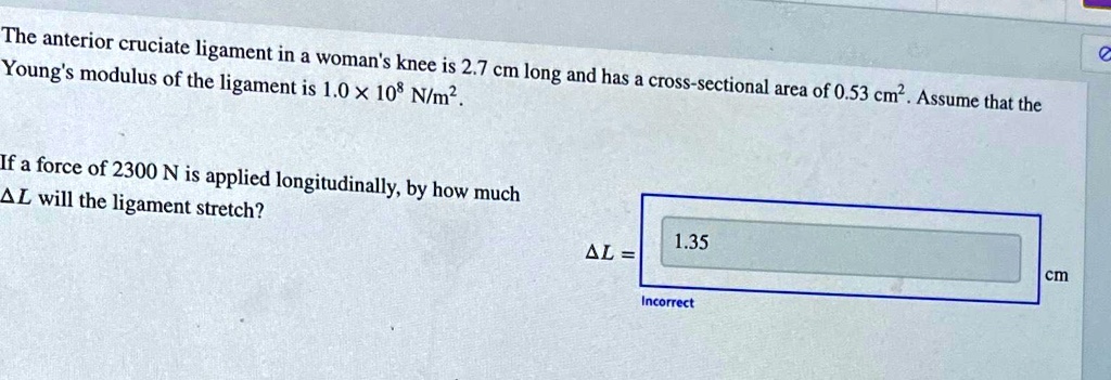 SOLVED: The anterior cruciate ligament in a woman's knee is 2.7cm long ...