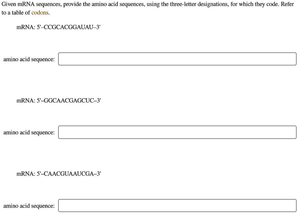 SOLVED: Given mRNA sequences, provide the amino acid sequences, using ...