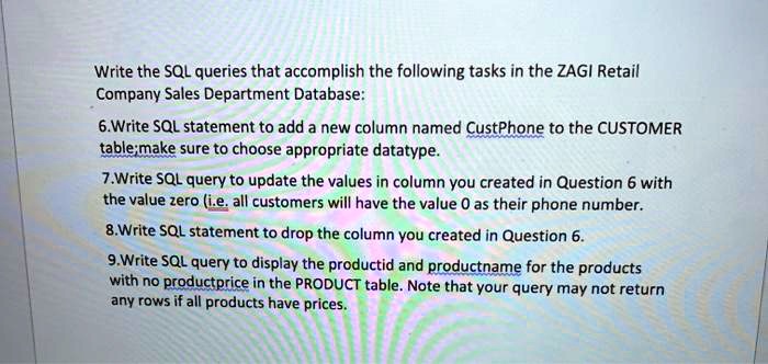[get Answer] Write The Sql Queries That Accomplish The Following Tasks In The Zagi Retail
