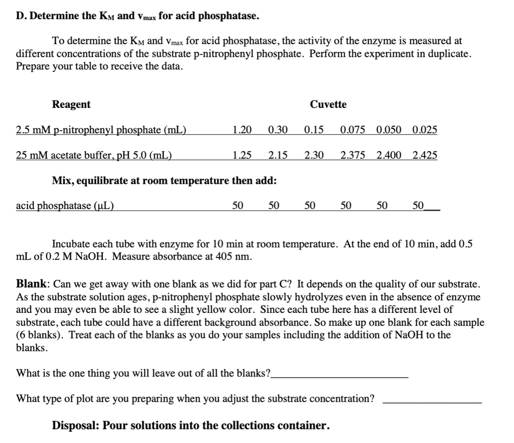 SOLVED: Determine the KM and Vmax for acid phosphatase. To determine ...