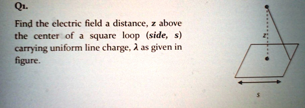 SOLVED: Q Find the electric field a distance, z above a41 center of a square loop (side, (s ...