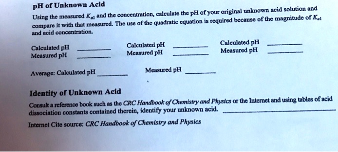 pH of Unknown Acid Using the measured Ka1 and the concentration ...