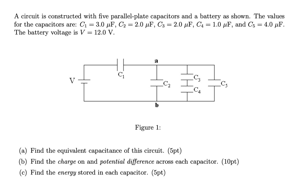 SOLVED: A circuit is constructed with five parallel-plate capacitors and a battery as shown. The ...