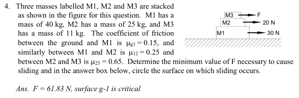 4. Three masses labelled M1, M2 and M3 are stacked as shown in the figure for this question. M1 ...