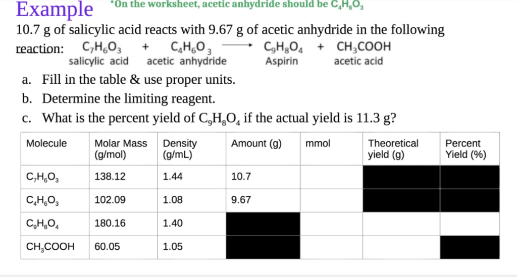 on the worksheet acetic anhydride should be c4hsoa example 107 g of ...