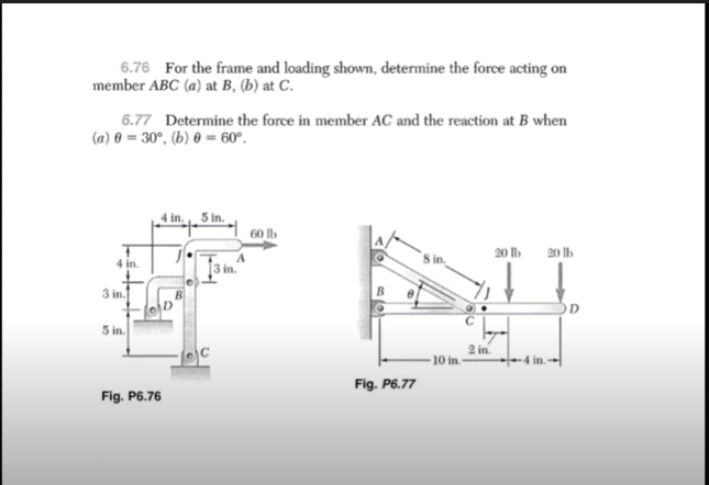 6.76 For the frame and loading shown, determine the force acting on ...