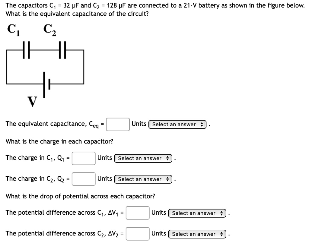the capacitors c1 32 hf and c2 128 pf are connected to a 21 v battery as shown in the figure ...