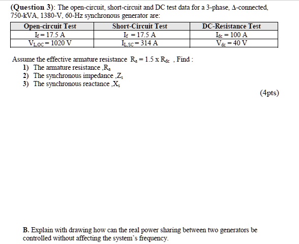 SOLVED: The open-circuit, short-circuit, and DC test data for a 3-phase ...
