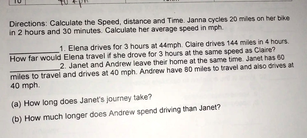 SOLVED: Calculate the speed, distance, and time Janna cycles 20 miles ...