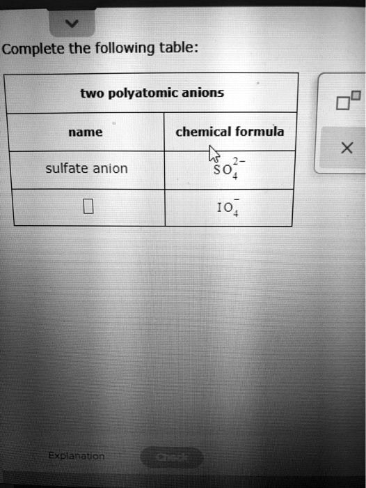 SOLVED: Complete the following table: Two polyatomic anions Name ...
