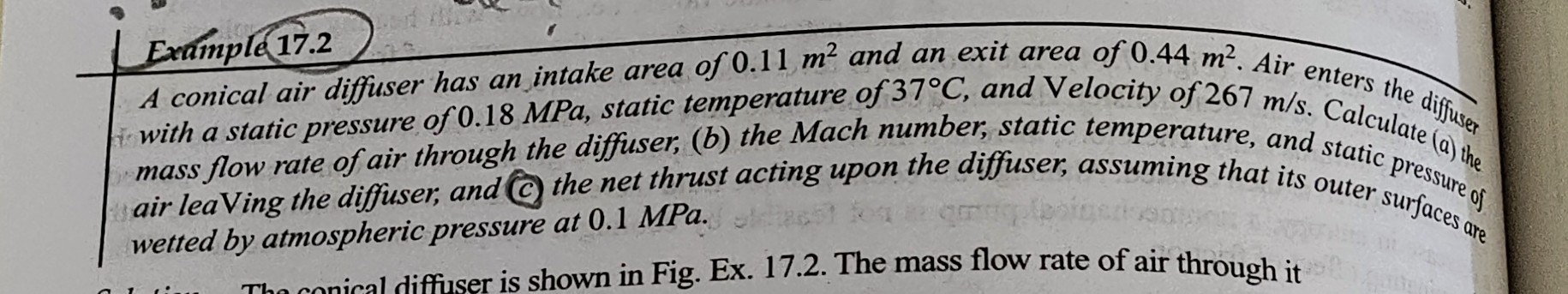 Example 17.2 mass flow rate of air through the diffuser, (b) the Mach ...