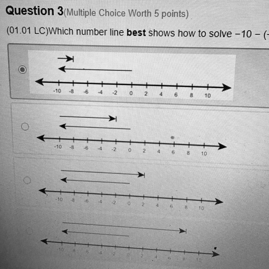 SOLVED: (01.01 LC) Which number line best shows how to solve -10 - (-8 ...