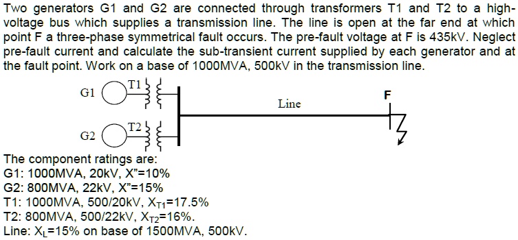 Two generators G1 and G2 are connected through transformers T1 and T2 to a high- voltage bus ...