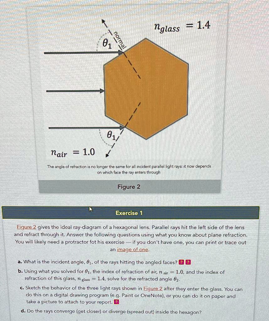 normal θ1 nglass = 1.4 nair = 1.0 θ1 The angle of refraction is no ...