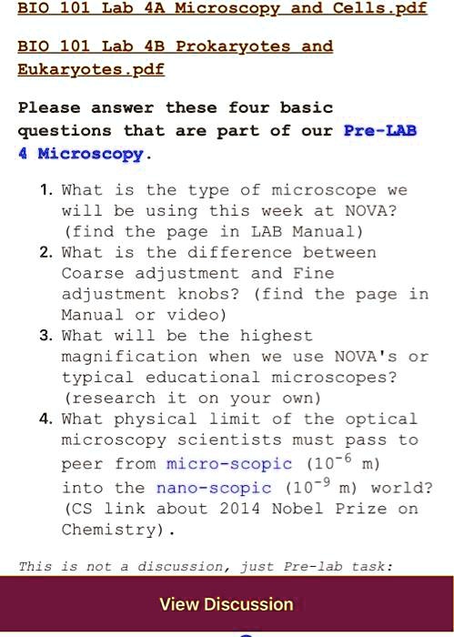 SOLVED: BIO 101 Lab 4AMicroscopyandCellspdf BIO 101 Lab 4B Prokaryotes ...