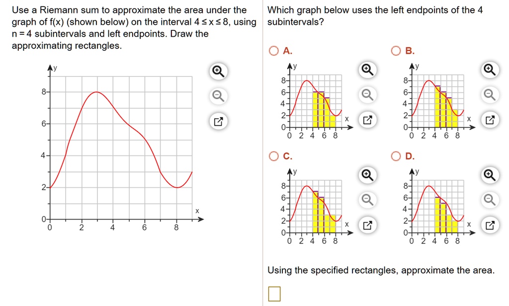 SOLVED: Use a Riemann sum to approximate the area under the Which graph below uses the left ...