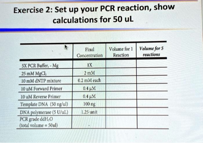 SOLVED: Exercise 2: Set up your PCR reaction, show calculations for 50 ...