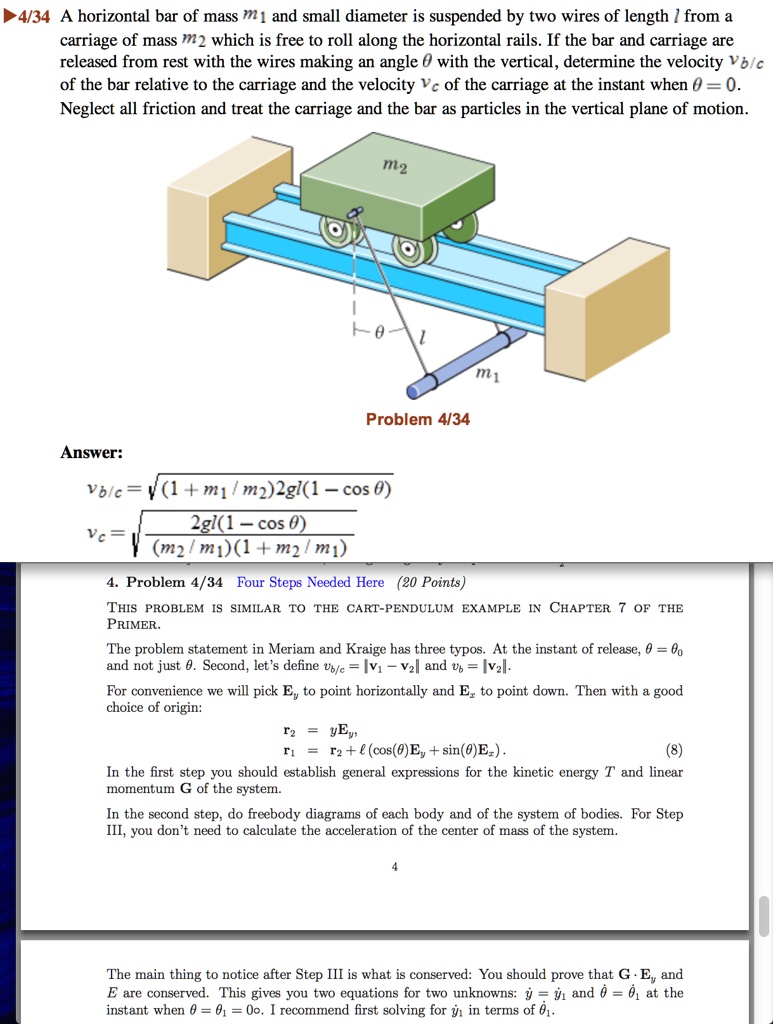 SOLVED: Problem 4/34 A horizontal bar of mass m1 and small diameter is ...