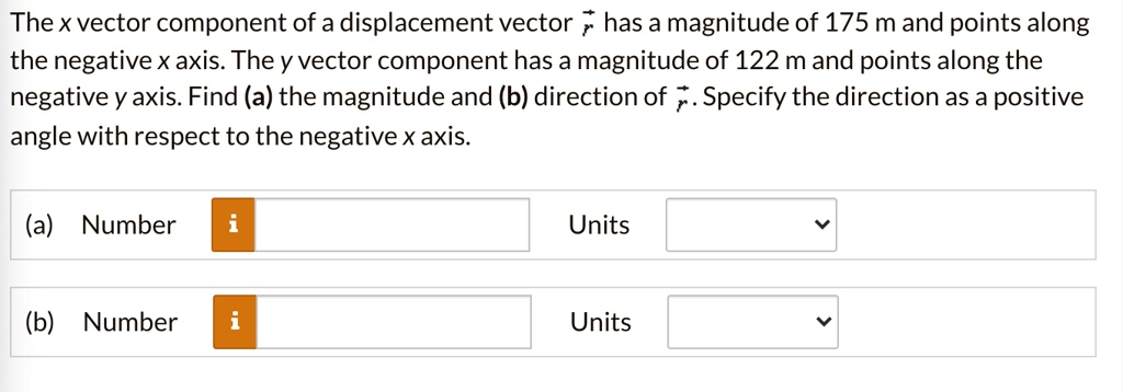 the x vector component of a displacement vector has a magnitude of 175 m and points along the ...