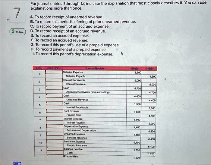 7 03:56:41 For journal entries 1 through 12, indicate the explanation ...