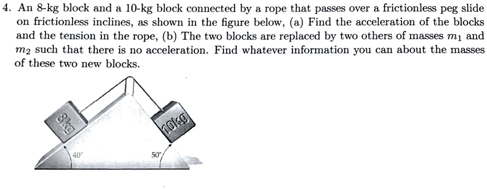 4. An 8-kg block and a 10-kg block connected by a rope that passes over a frictionless peg slide ...