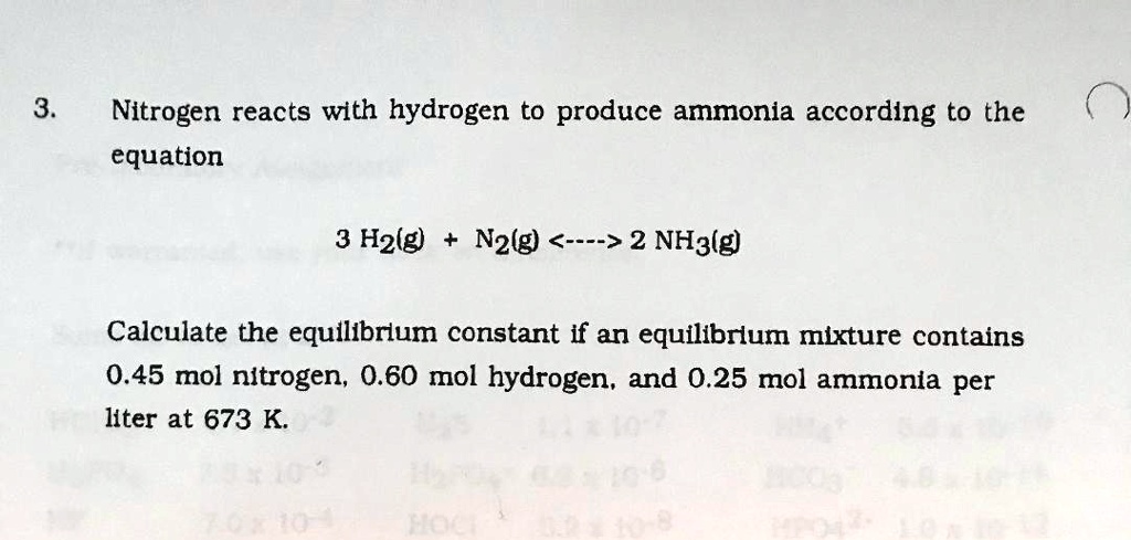 SOLVED: Nitrogen reacts with hydrogen to produce ammonia according to the equation 3 3 Hz(g ...