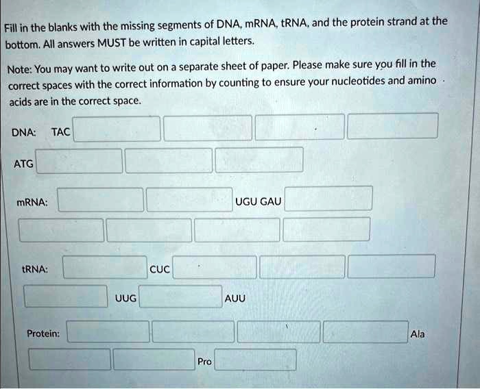 SOLVED: Text: Fill in the blanks with the missing segments of DNA, mRNA ...