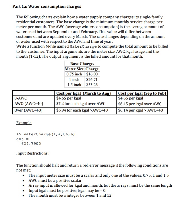 SOLVED: Matlab Problem. Please help. Part 1a:Water consumption charges ...