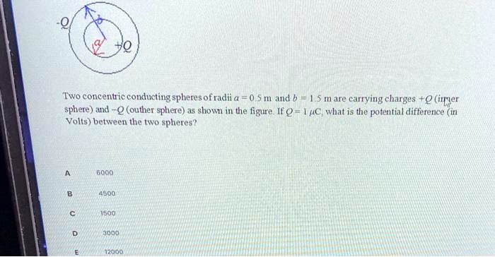 SOLVED: Texts: Two concentric conducting spheres of radii a = 0.5m and b = 1.5m are carrying ...