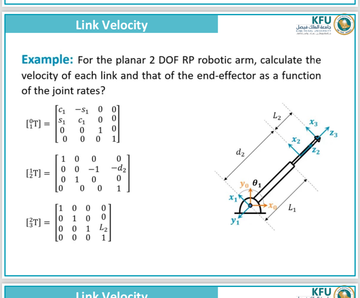 SOLVED: Link Velocity KFU Example: For the planar 2 DOF RP robotic arm, calculate the velocity ...