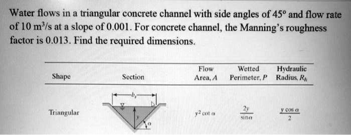 Water flows in a triangular concrete channel with side angles of 45° and flow rate of 10 m³/s at ...