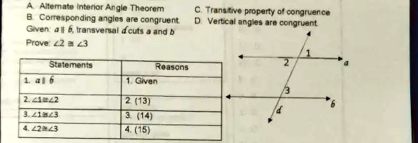 A. Alternate Interior Angle Theorem B. Corresponding angles are congruent Given: a ∥ b ...