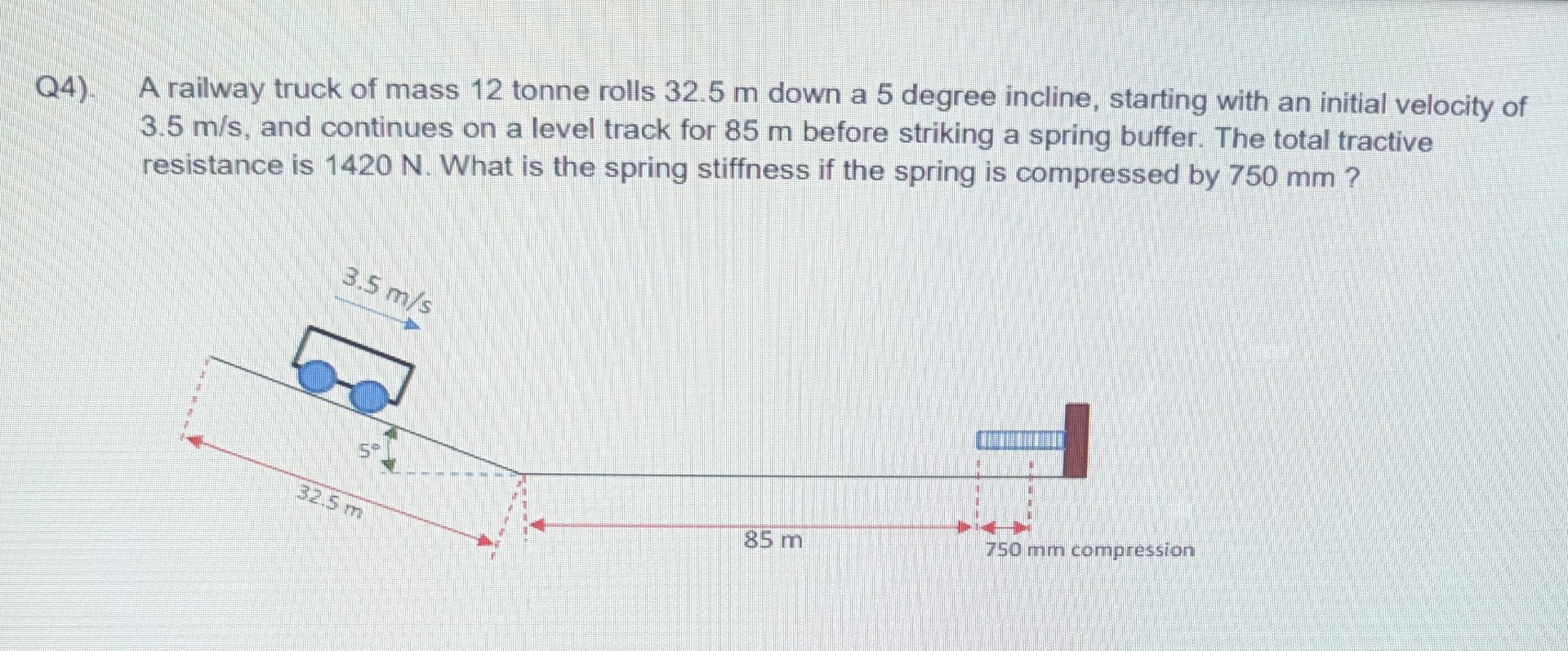 q4 a railway truck of mass 12 tonne rolls 325 m down a 5 degree incline ...