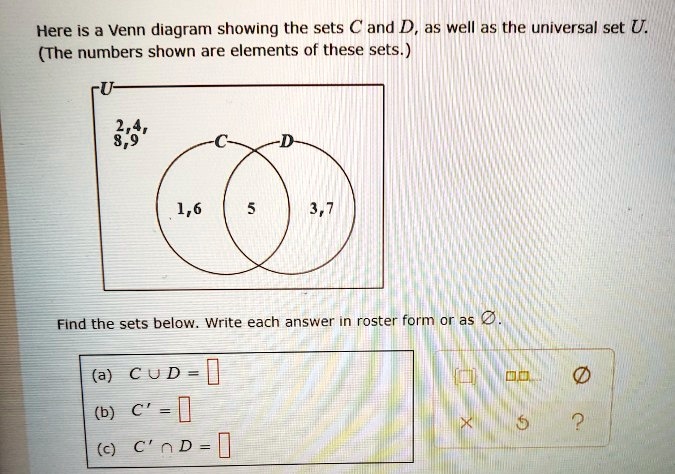 SOLVED: Here is a Venn diagram showing the sets C and D, as well as the universal set U. (The ...
