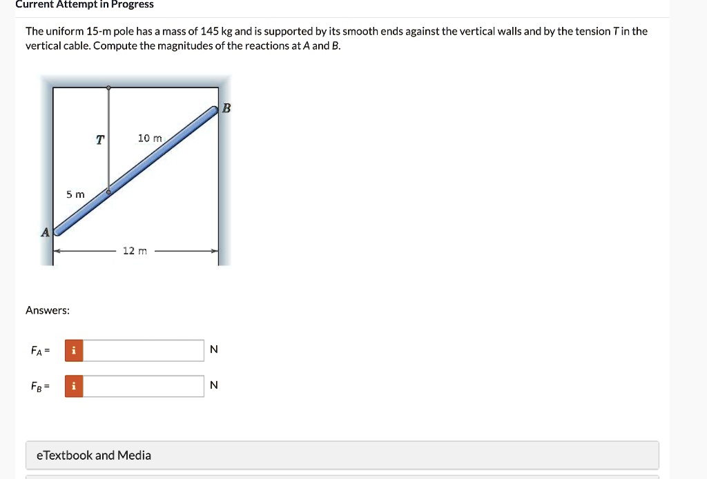 SOLVED: Current Attempt in Progress The uniform 15-m pole has a mass of 145 kg and is supported ...