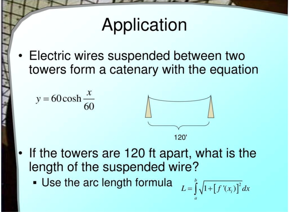 SOLVED: Electric wires suspended between two towers form a catenary ...