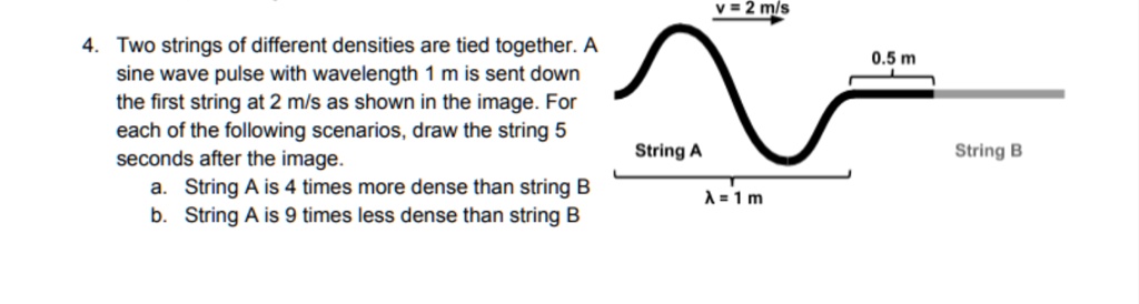 va2m two strings of different densities are tied together a sine wave pulse with wavelength m is ...