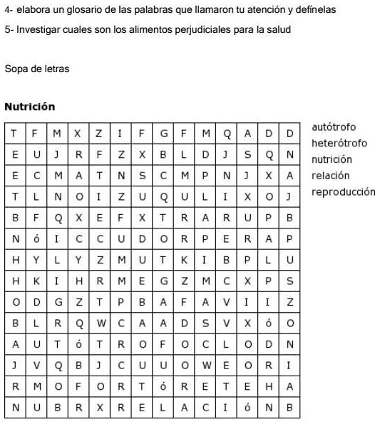 SOLVED: sopa de letras de nutrición busca las palabras 4 - elabora un ...