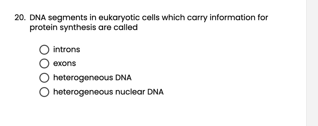 20. DNA segments in eukaryotic cells which carry information for ...