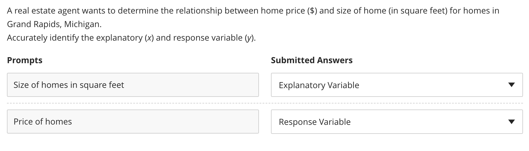 A real estate agent wants to determine the relationship between home price ($) and size of home ...