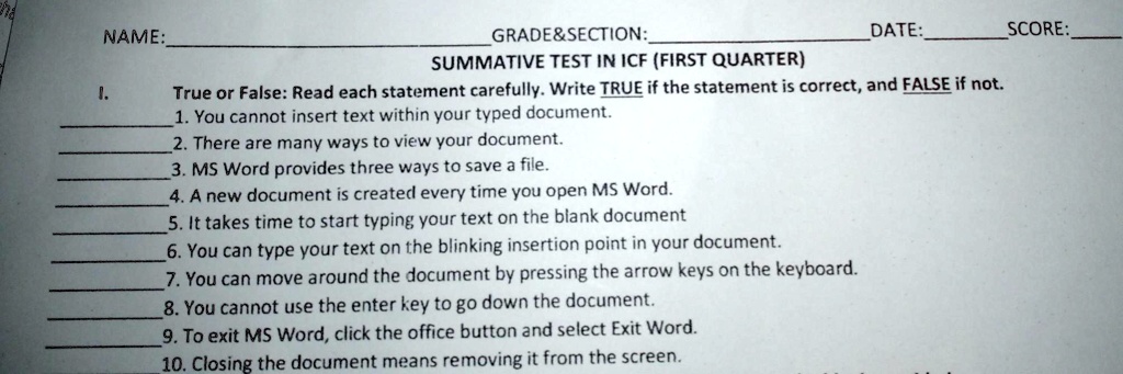 SOLVED: True or False: Read each statement carefully. Write TRUE if the ...