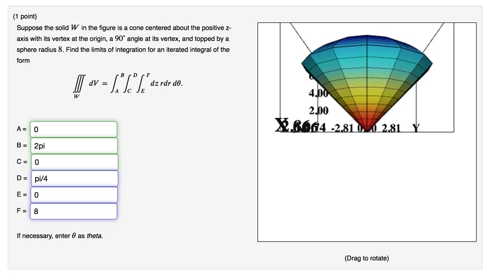 SOLVED: point) Suppose the solid W in the figure is cone centered about ...