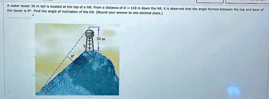 water tower 30 m tall is located at the top of hill from distance of d ...