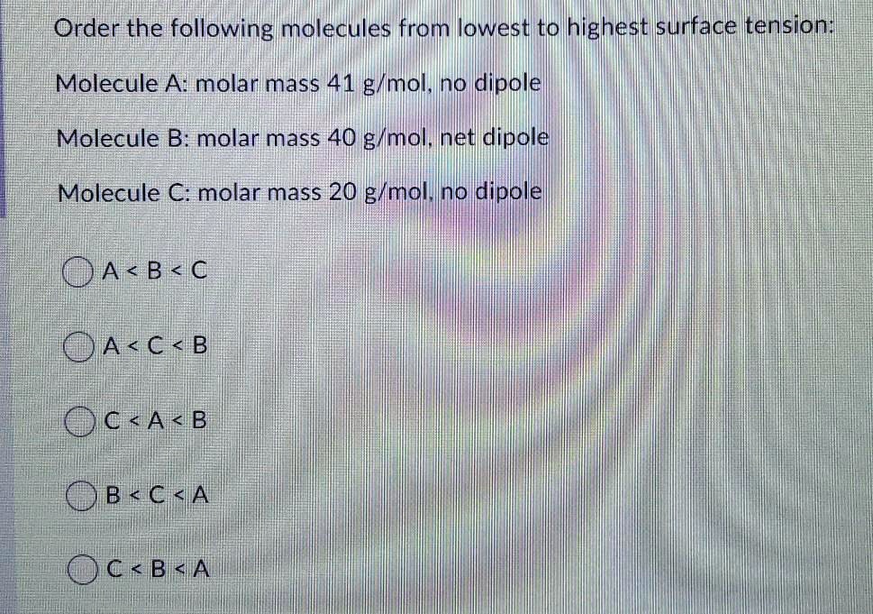 SOLVED: Order the following molecules from lowest to highest surface ...