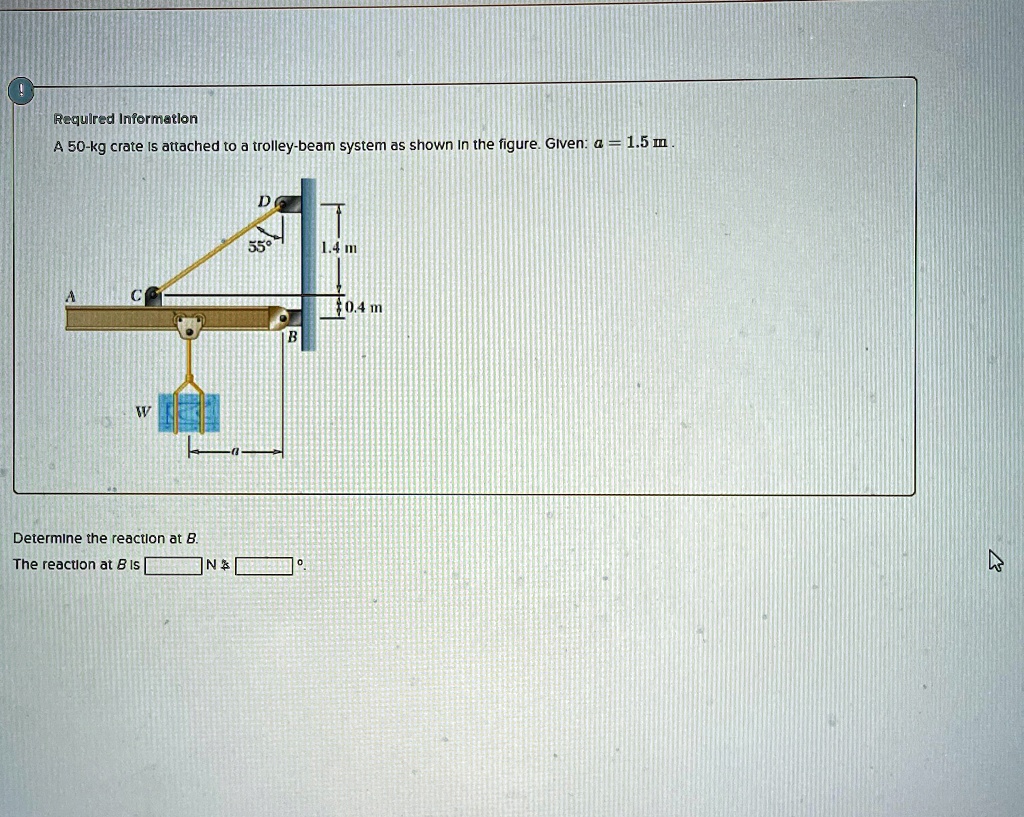 Required Information A 50-kg crate is attached to a trolley-beam system ...