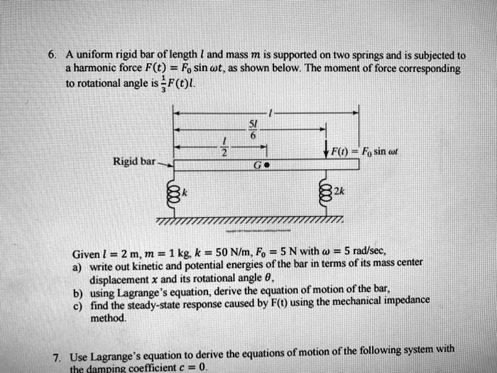 SOLVED: A uniform rigid bar of length and mass m is supported on two springs and is subjected to ...