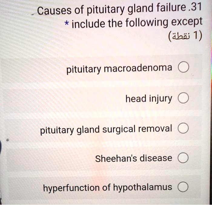 causes of pituitary gland failure31 include the following except ab1 ...