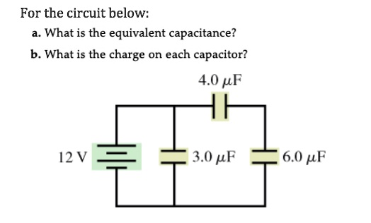 SOLVED: For the circuit below: What is the equivalent capacitance? What is the charge on each ...