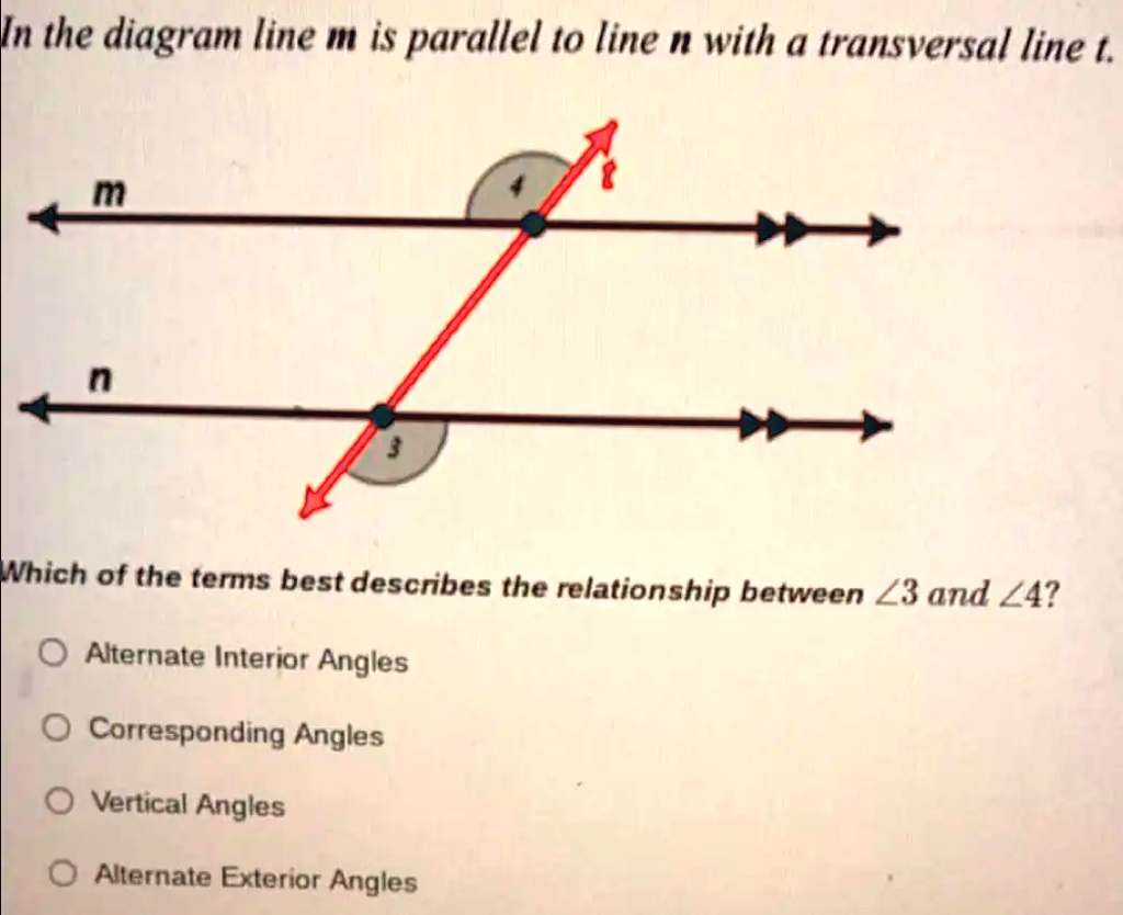SOLVED: In the diagram line m is parallel to line n with a transversal line t m Which of the ...