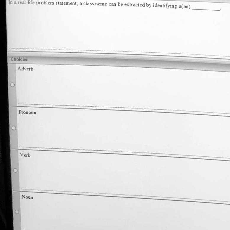 In a real-life problem statement, a class name can be extracted by ...